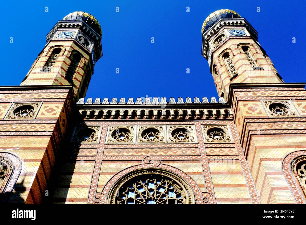 synagogue clock towers in Budapest. Moorish style brick tower. onion ...