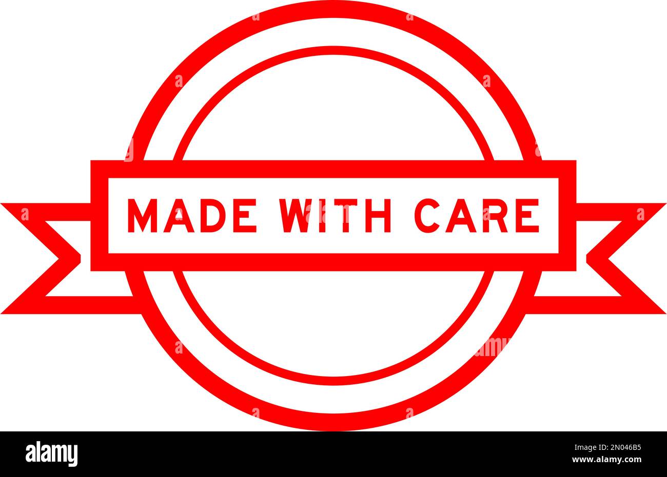 Vintage red color round label banner with word made with care on white ...