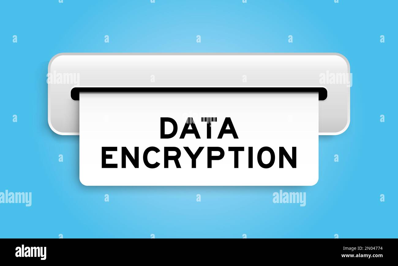 White coupon banner with word data encryption from machine on blue ...