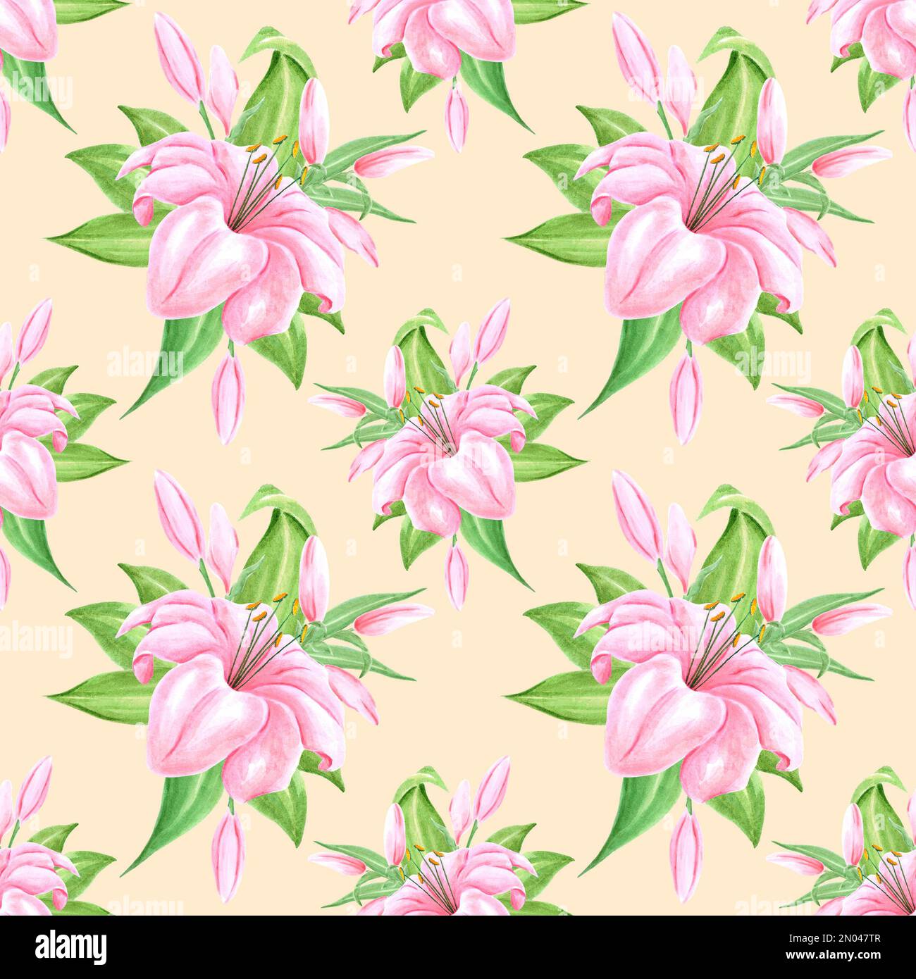 Handdrawn lily flowers seamless pattern. Watercolor pink lily on the ...