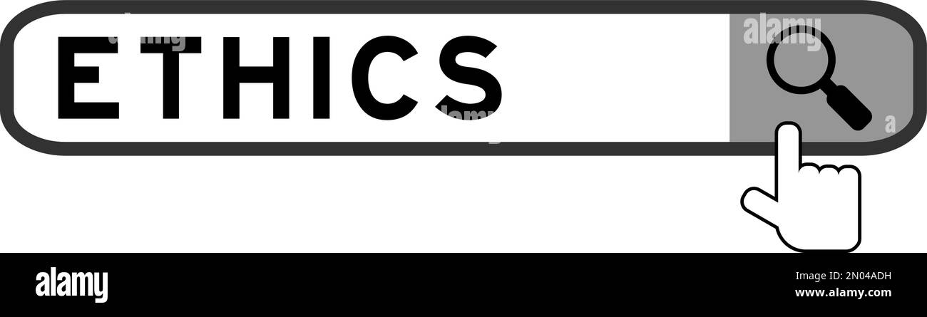 Search banner in word ethics with hand over magnifier icon on white ...