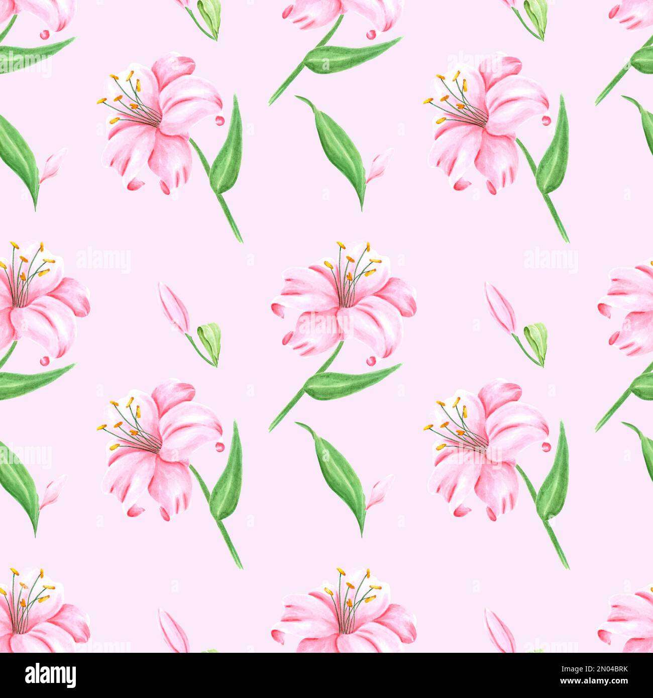 Handdrawn lily flowers seamless pattern. Watercolor pink lily on the ...