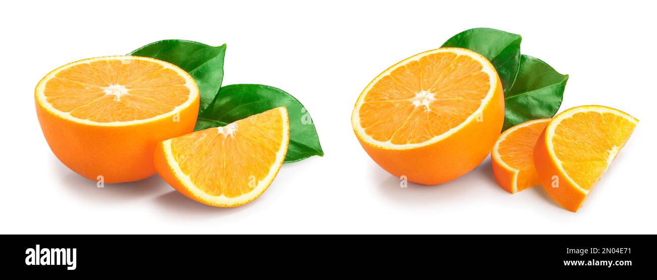orange fruit half with leaves isolated on white background Stock Photo ...