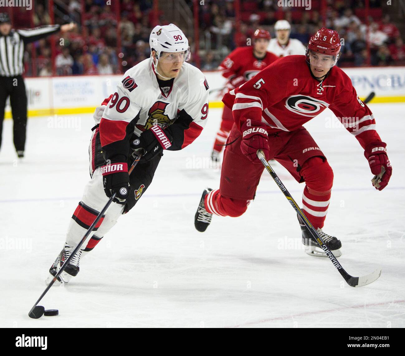 Ottawa Senators’ Alex Chiasson (90) handles the puck as Carolina ...