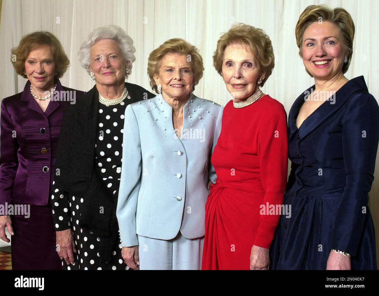 FILE - In this Jan. 17, 2003 file photo, former first ladies get ...