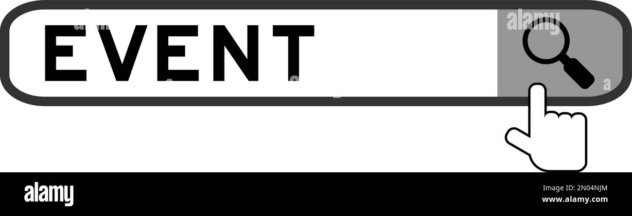 Search banner in word event with hand over magnifier icon on white ...