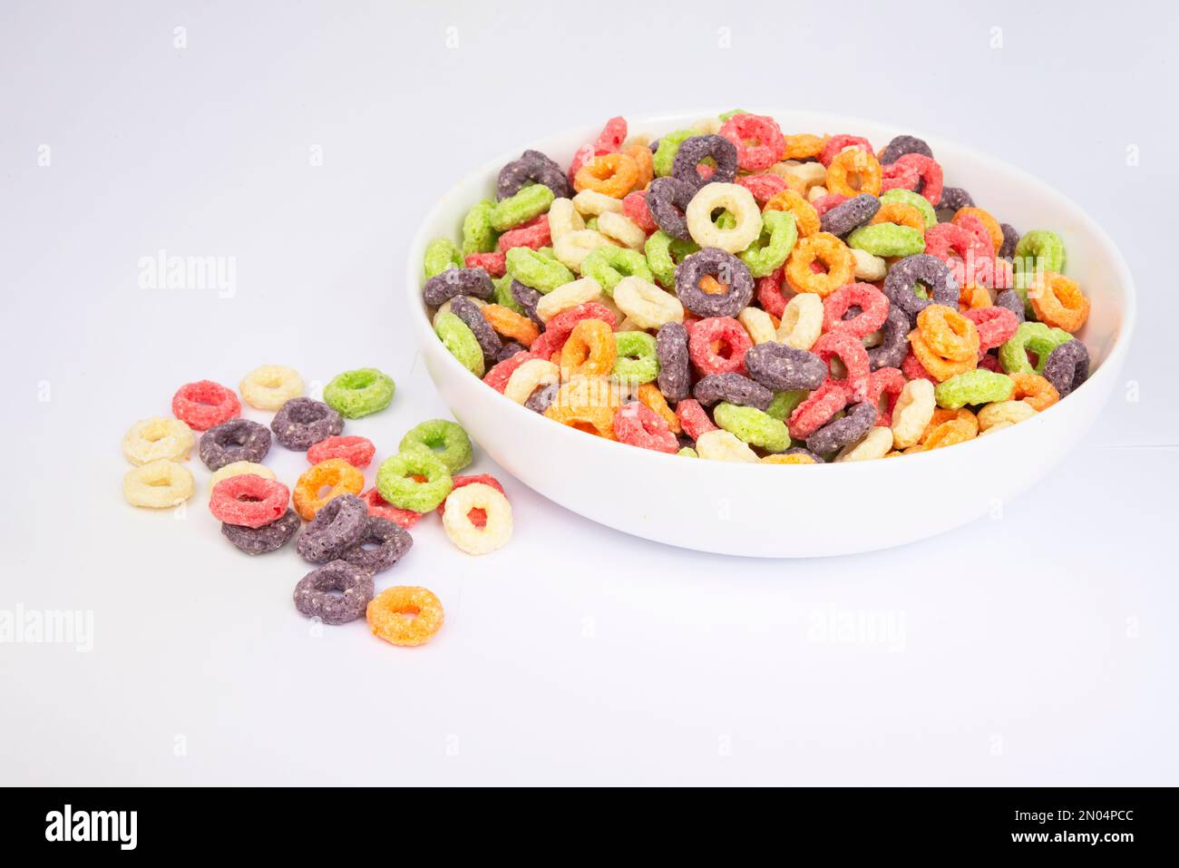 Multicolor loops breakfast cereal rings on the white background Stock ...