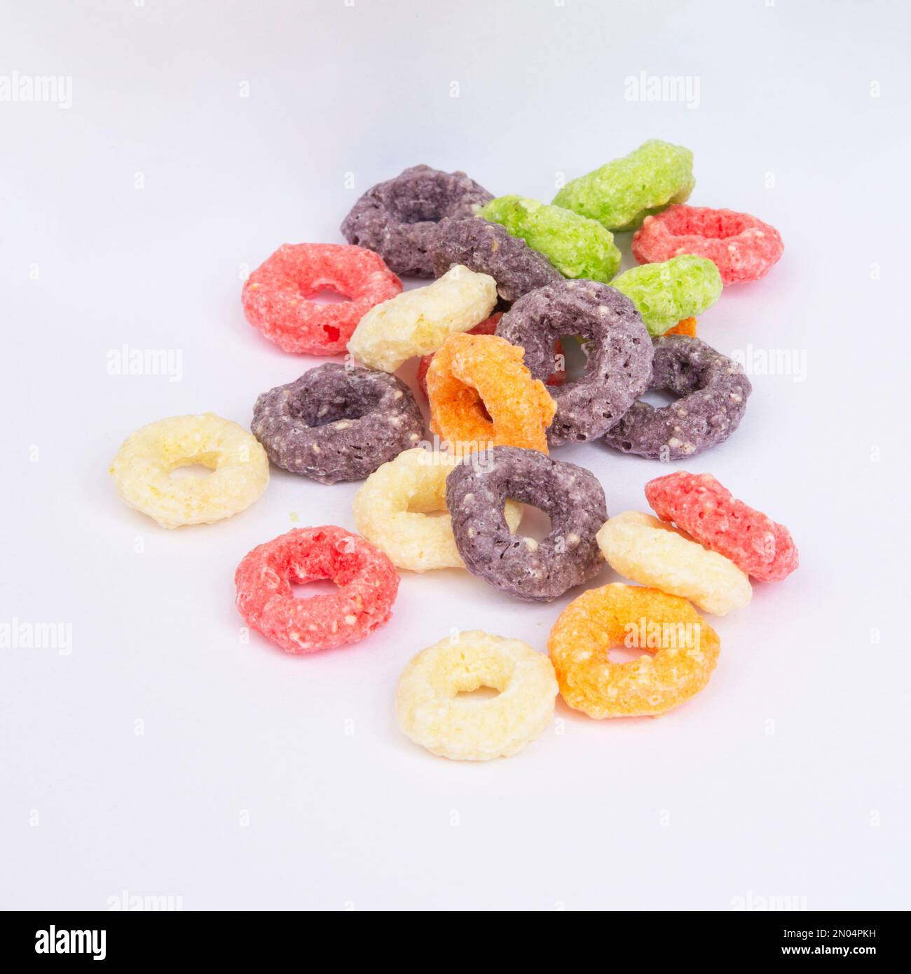 Multicolor loops breakfast cereal rings on the white background Stock ...
