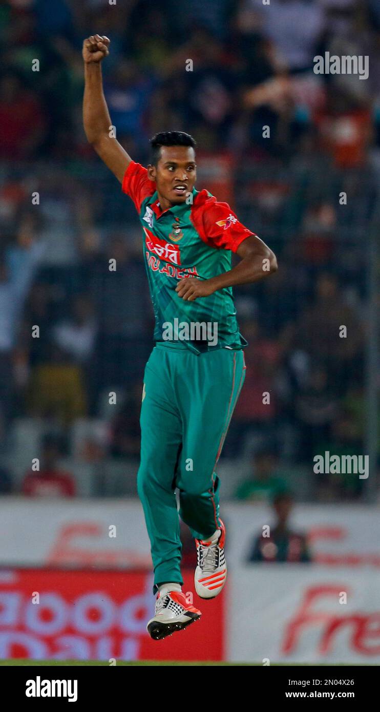 Bangladesh’s Al-Amin Hossain celebrates the dismissal of India’s Rohit ...