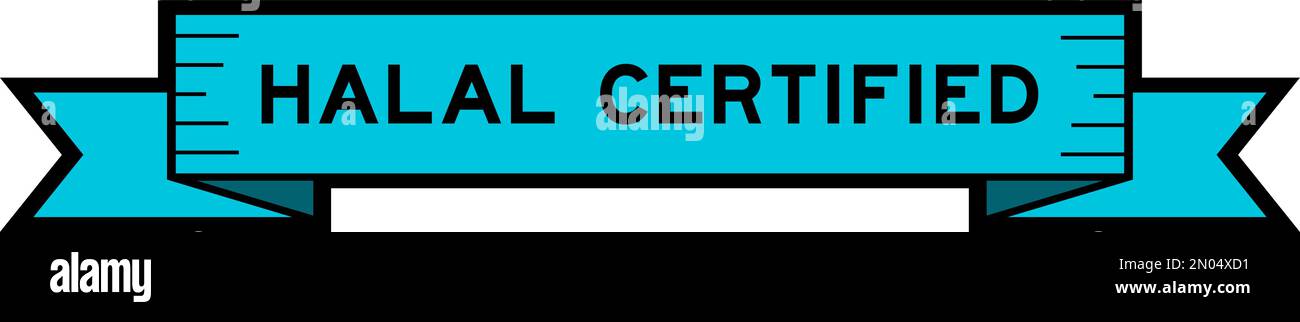 Ribbon label banner with word halal certified in blue color on white ...