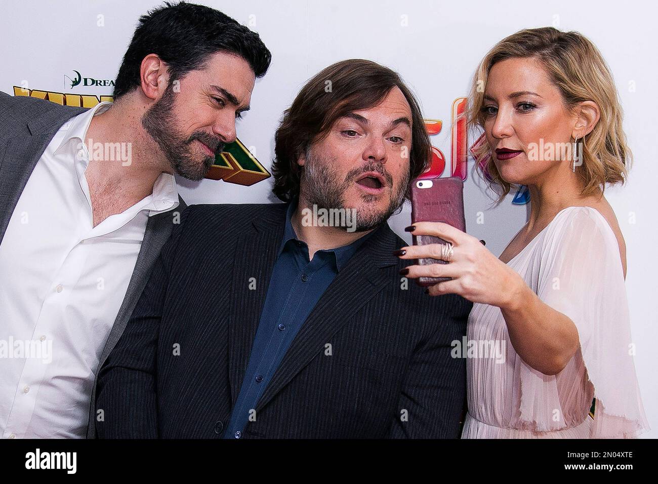From left, Director Alessandro Carloni, Jack Black and Kate Hudson pose ...