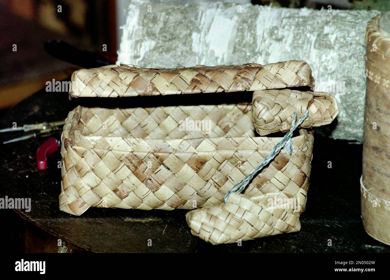 Traditional peasant products made of birch bark Stock Photo - Alamy