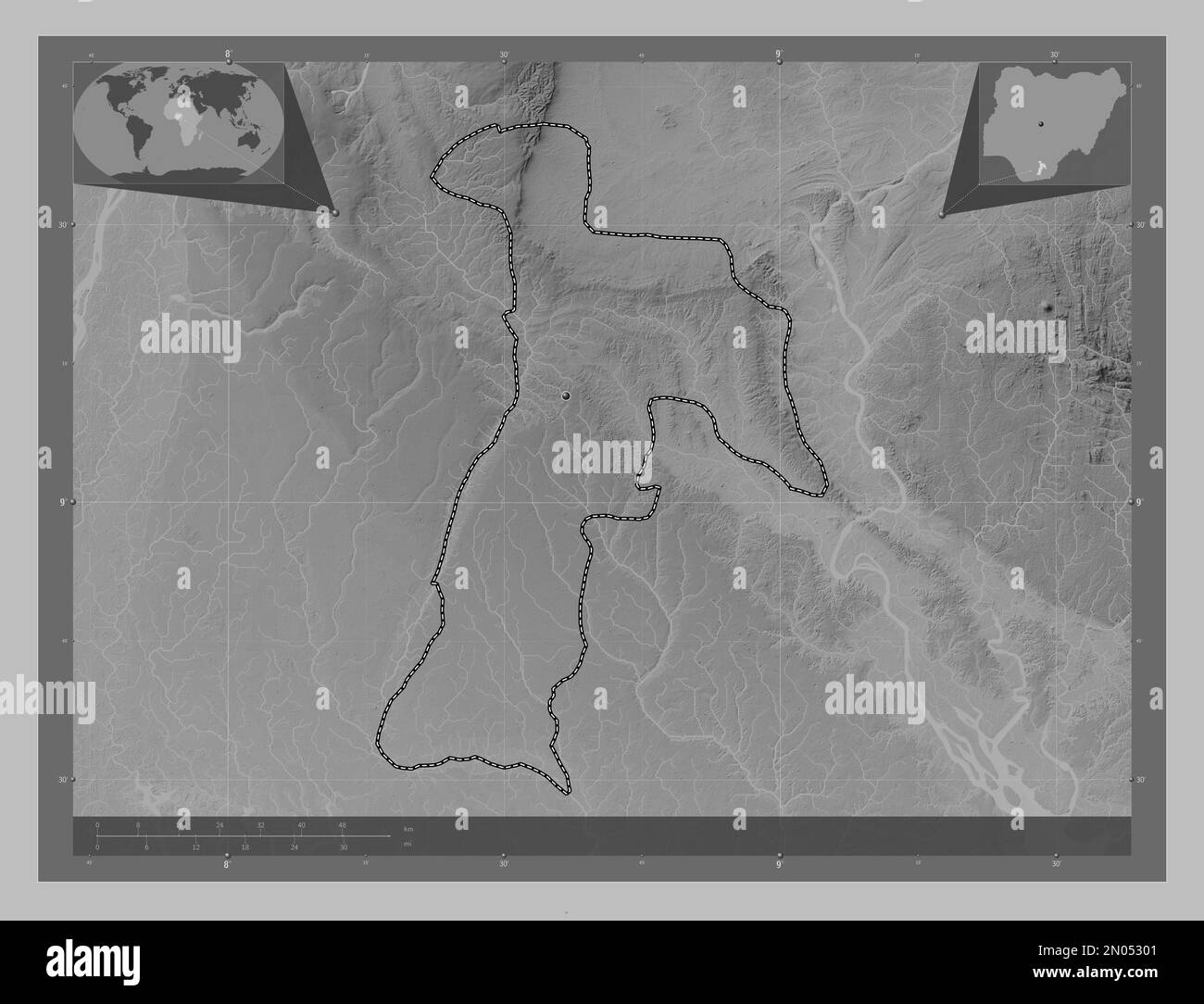 Abia, state of Nigeria. Grayscale elevation map with lakes and rivers ...