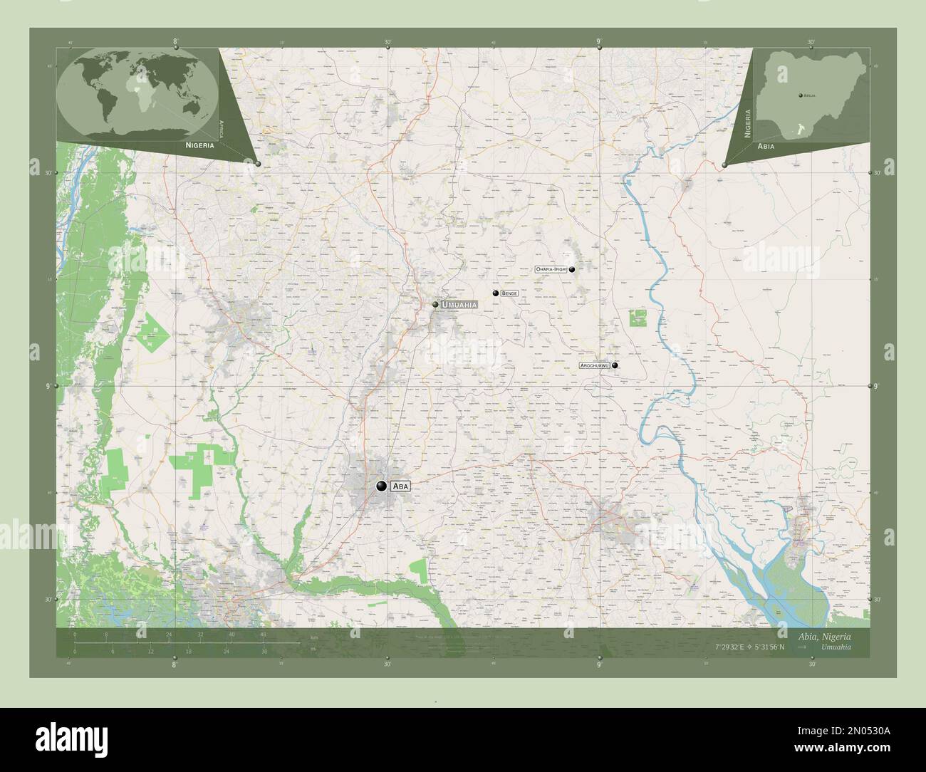 Abia, state of Nigeria. Open Street Map. Locations and names of major ...