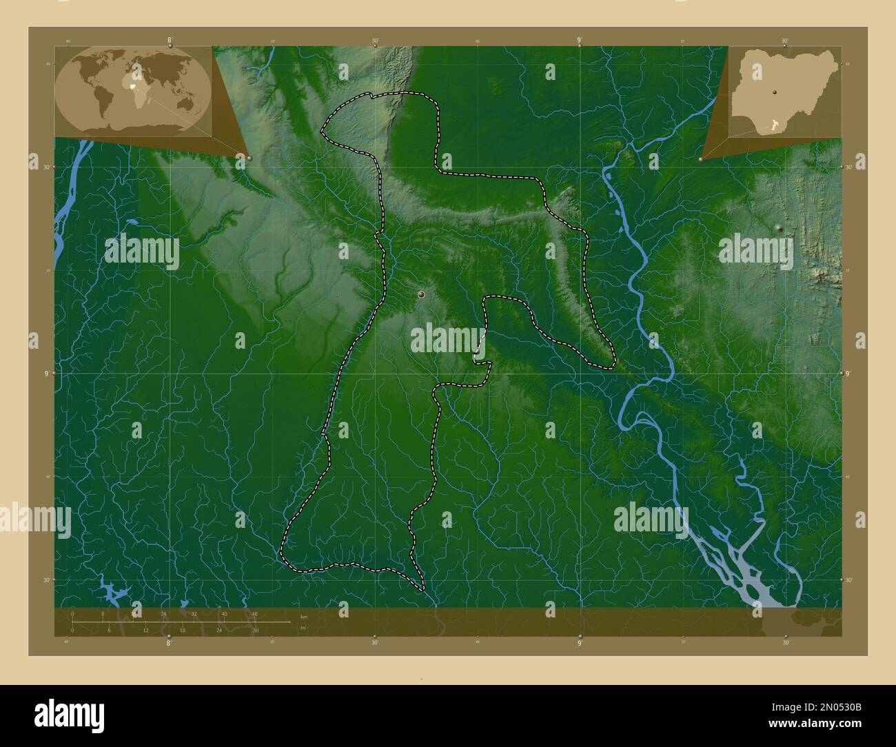 Abia, state of Nigeria. Colored elevation map with lakes and rivers ...