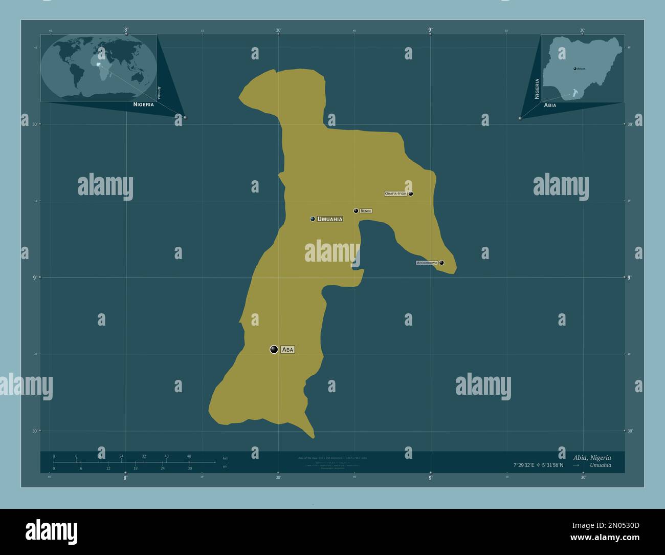 Abia, state of Nigeria. Solid color shape. Locations and names of major ...