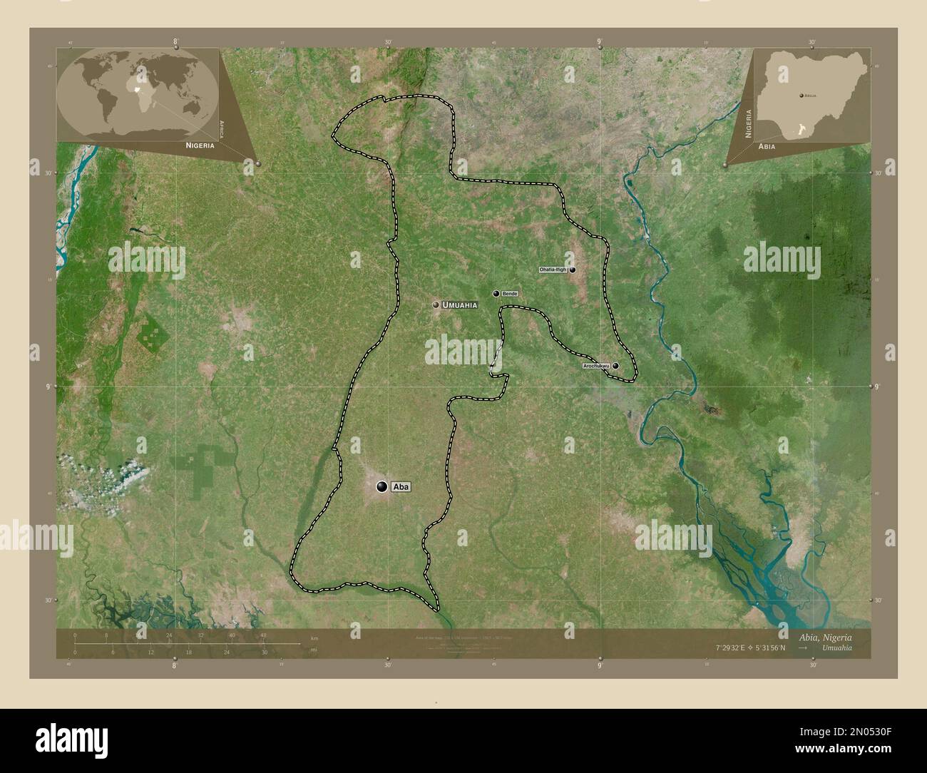 Abia, state of Nigeria. High resolution satellite map. Locations and ...