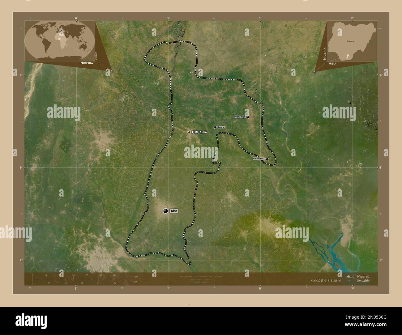 Abia, state of Nigeria. Low resolution satellite map. Locations and ...