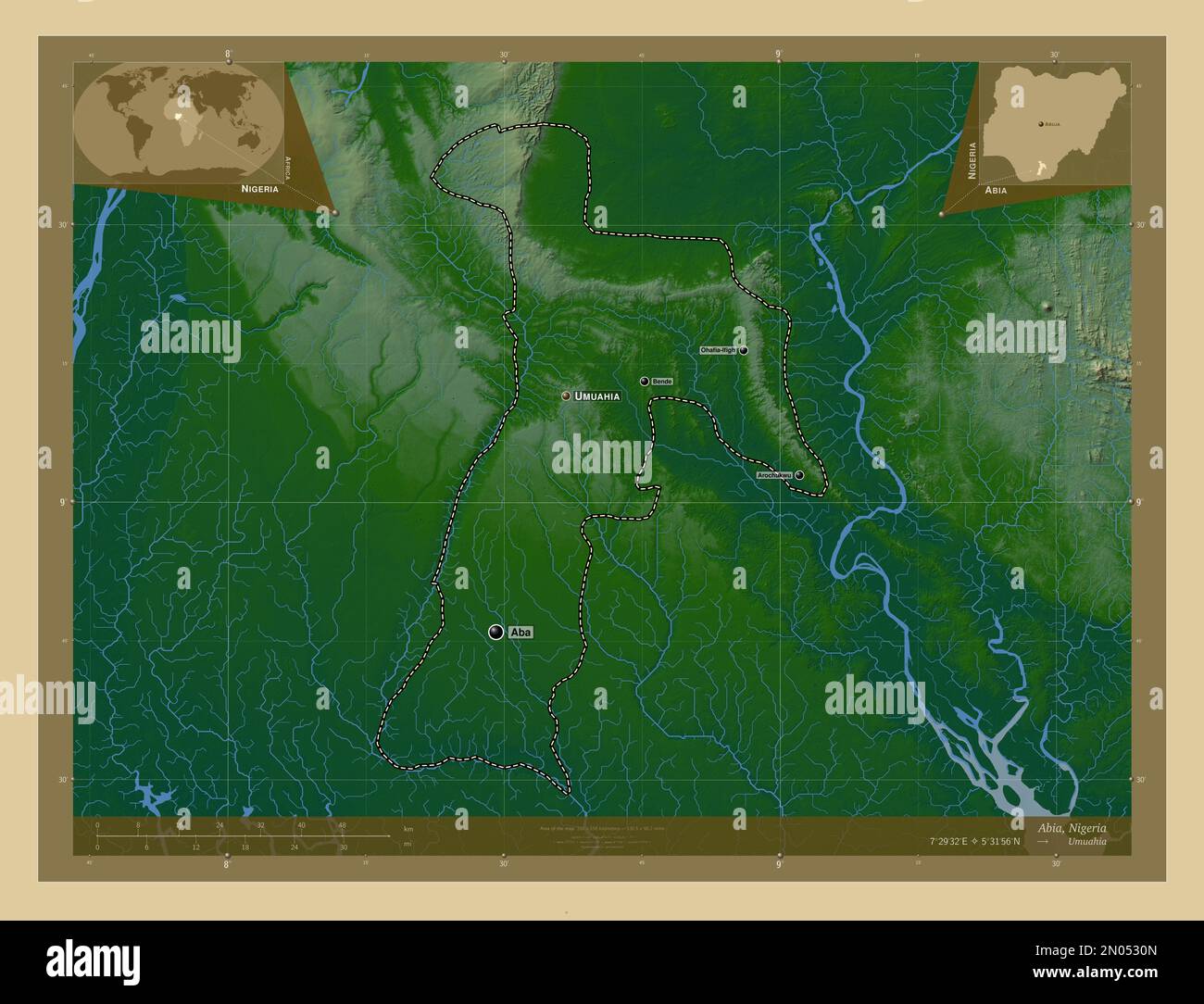 Abia, state of Nigeria. Colored elevation map with lakes and rivers ...
