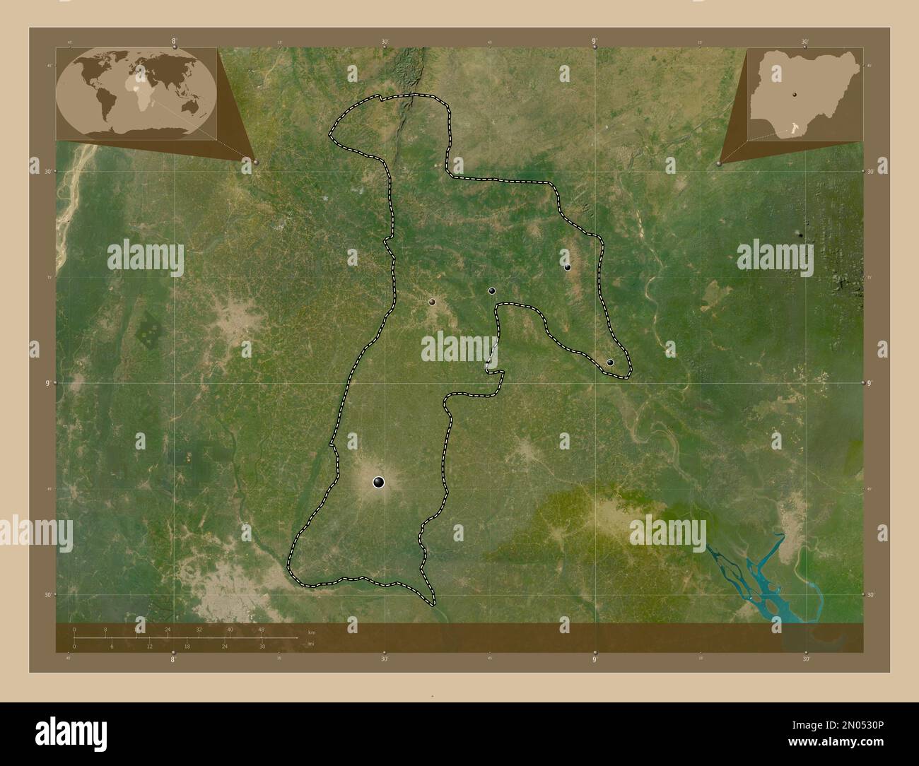 Abia, state of Nigeria. Low resolution satellite map. Locations of ...
