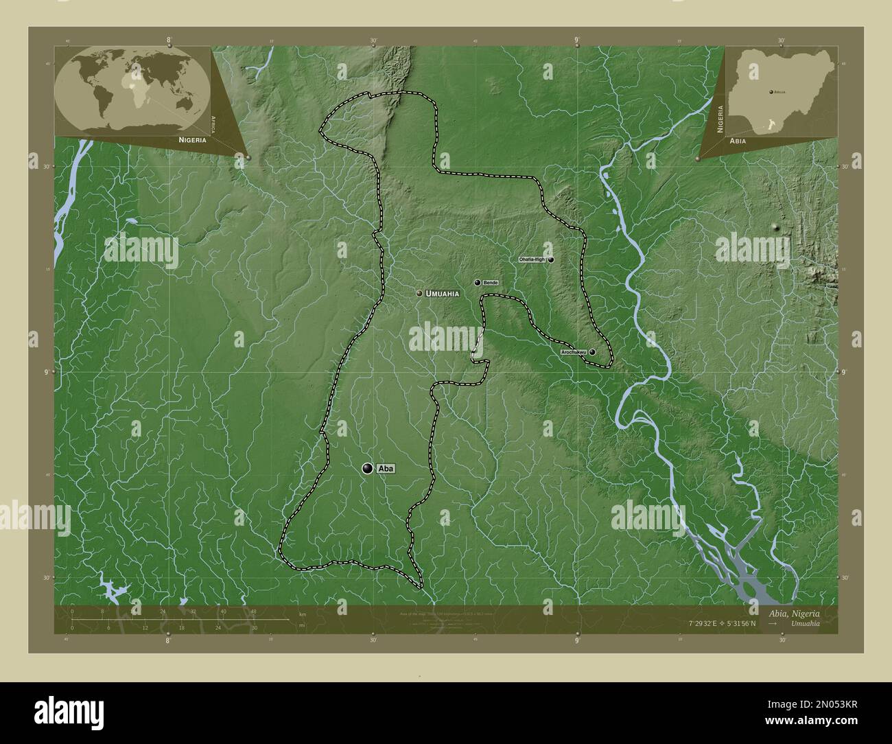Abia, state of Nigeria. Elevation map colored in wiki style with lakes ...