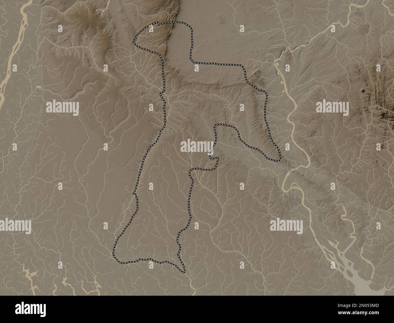 Abia, state of Nigeria. Elevation map colored in sepia tones with lakes ...