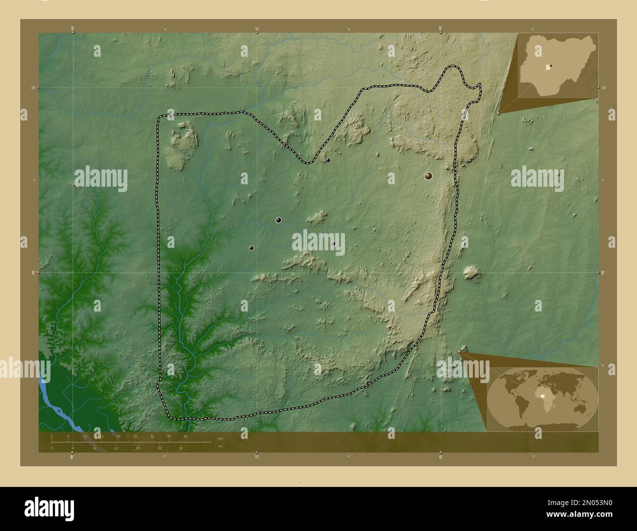 Federal Capital Territory, state of Nigeria. Colored elevation map with ...