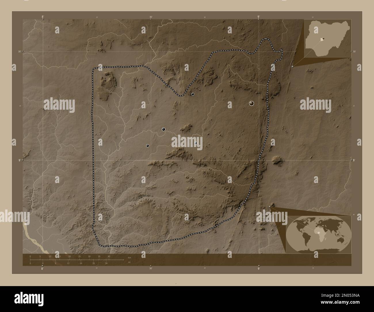Federal Capital Territory, state of Nigeria. Elevation map colored in ...
