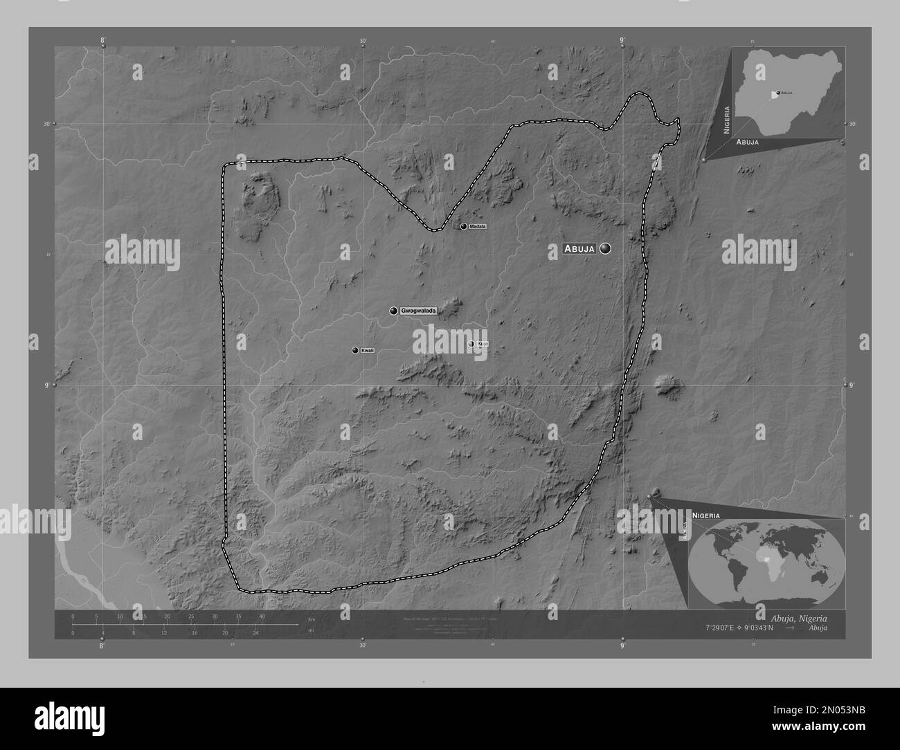 Federal Capital Territory, state of Nigeria. Grayscale elevation map ...
