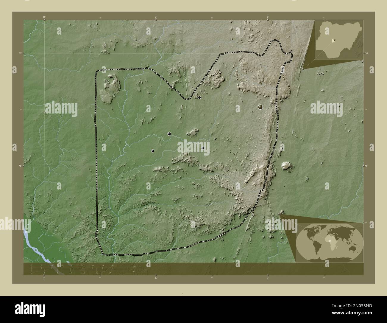 Federal Capital Territory, state of Nigeria. Elevation map colored in ...