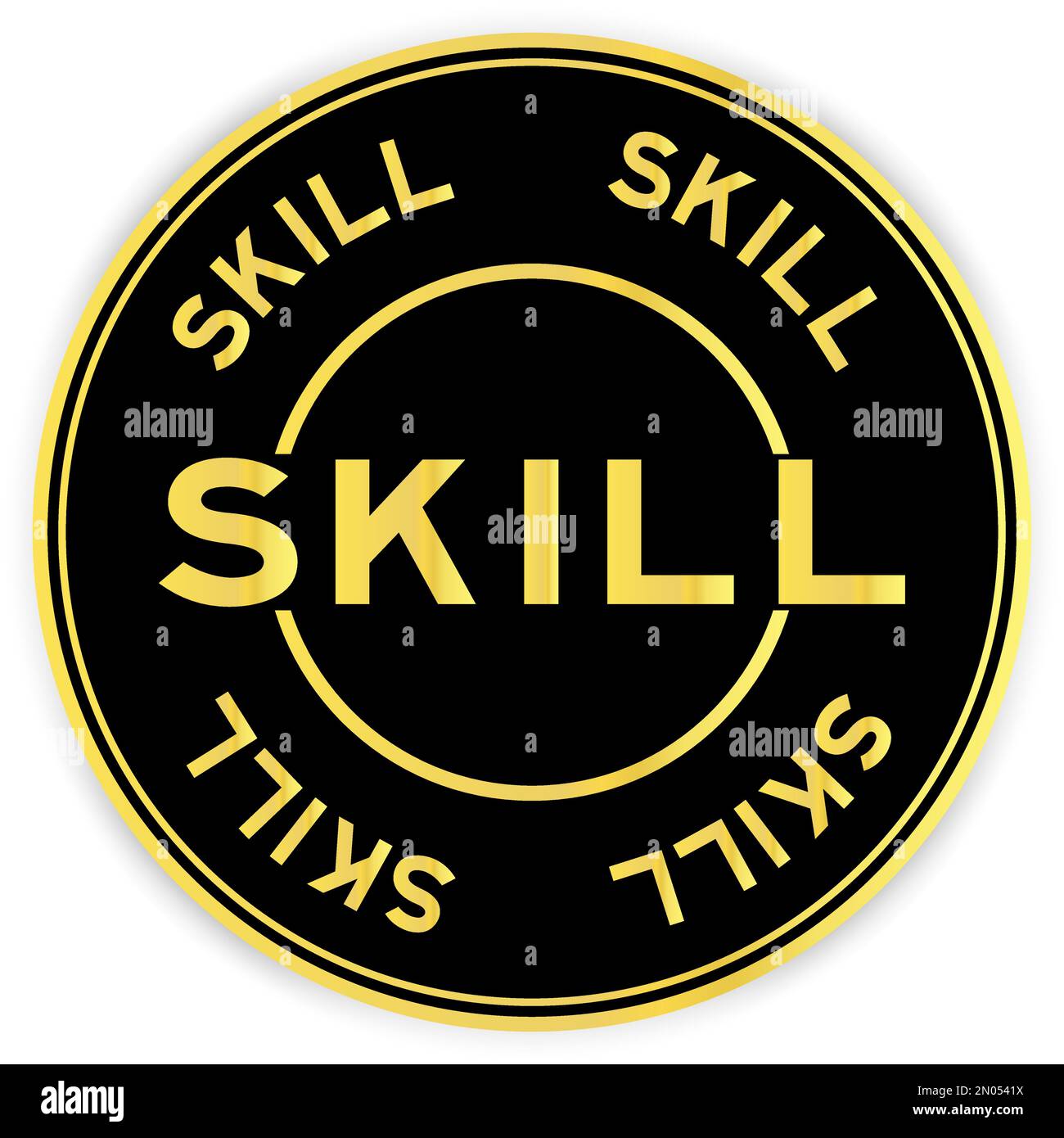 Black and gold color round label sticker with word skill on white ...