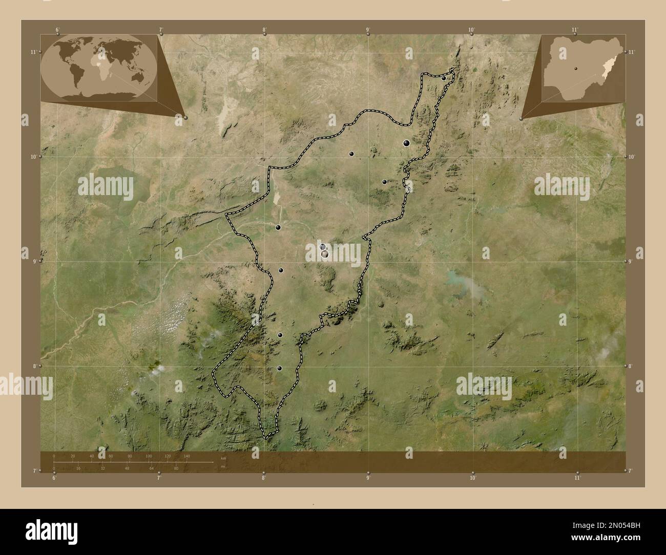Adamawa, state of Nigeria. Low resolution satellite map. Locations of ...