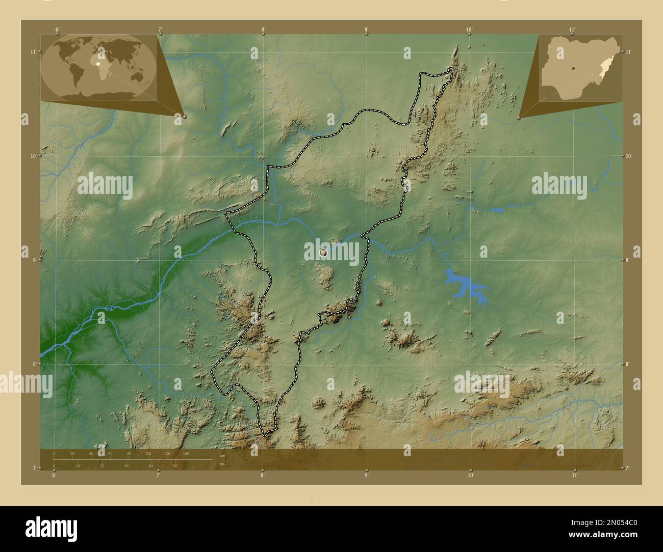 Adamawa, state of Nigeria. Colored elevation map with lakes and rivers ...