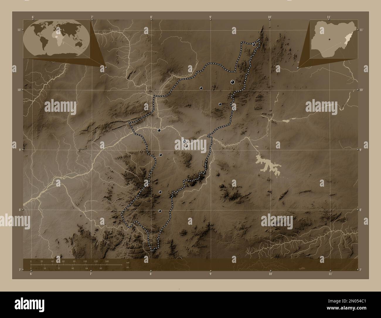 Adamawa, state of Nigeria. Elevation map colored in sepia tones with ...