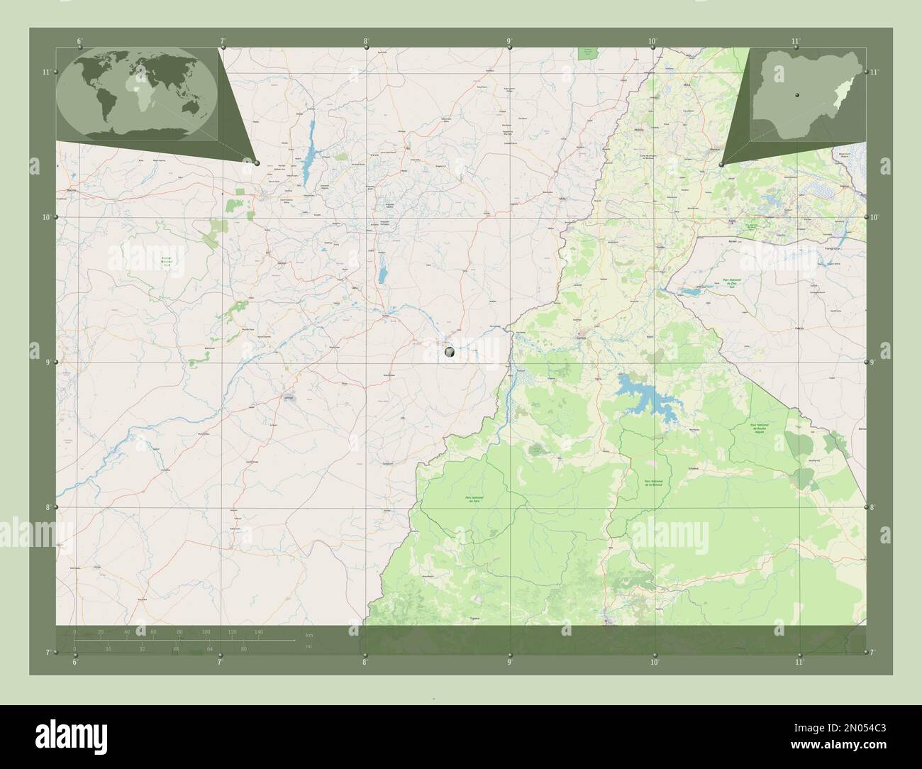 Adamawa, state of Nigeria. Open Street Map. Corner auxiliary location ...