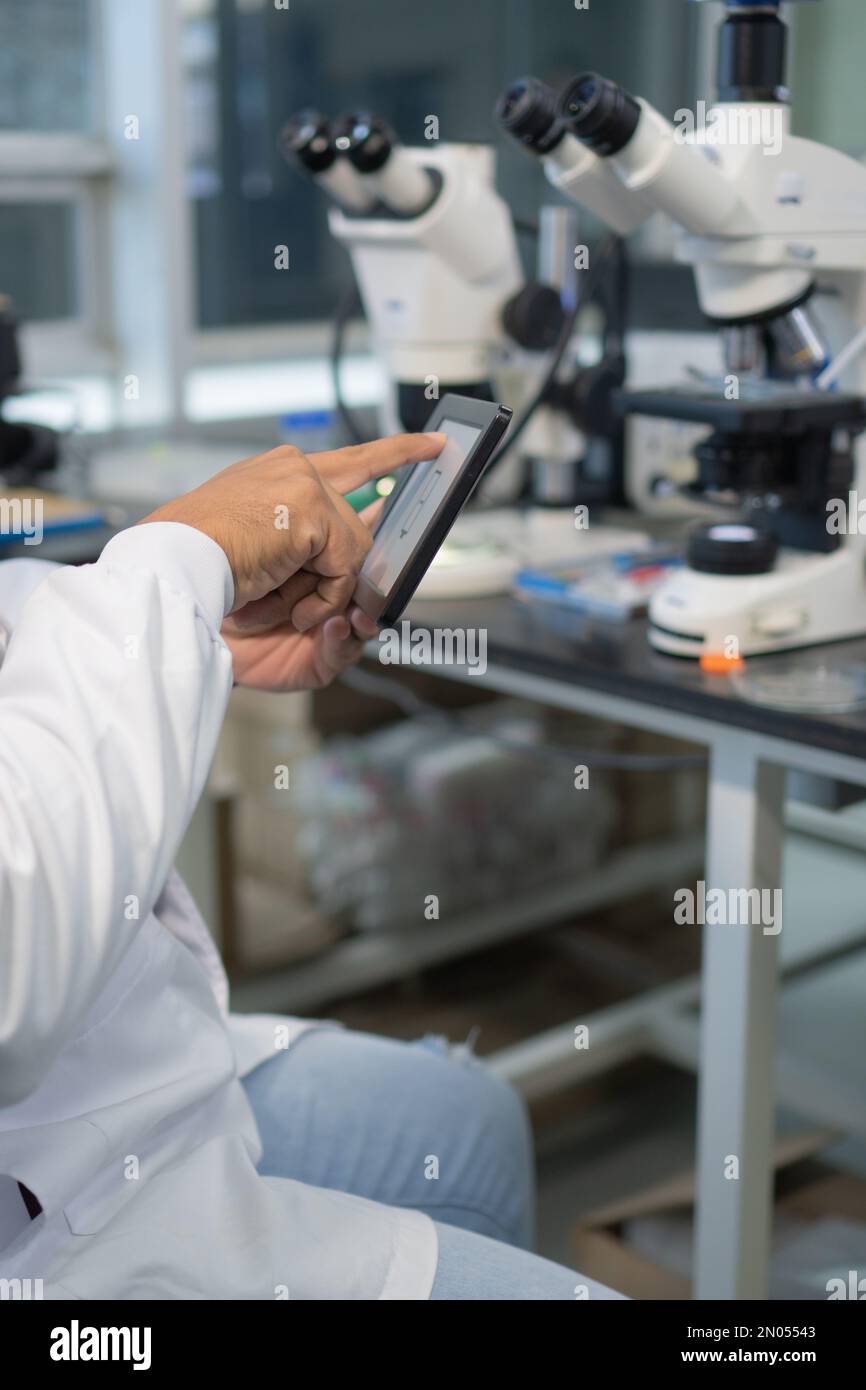 Scientist in laboratory analyzing digital hi-res stock photography and ...
