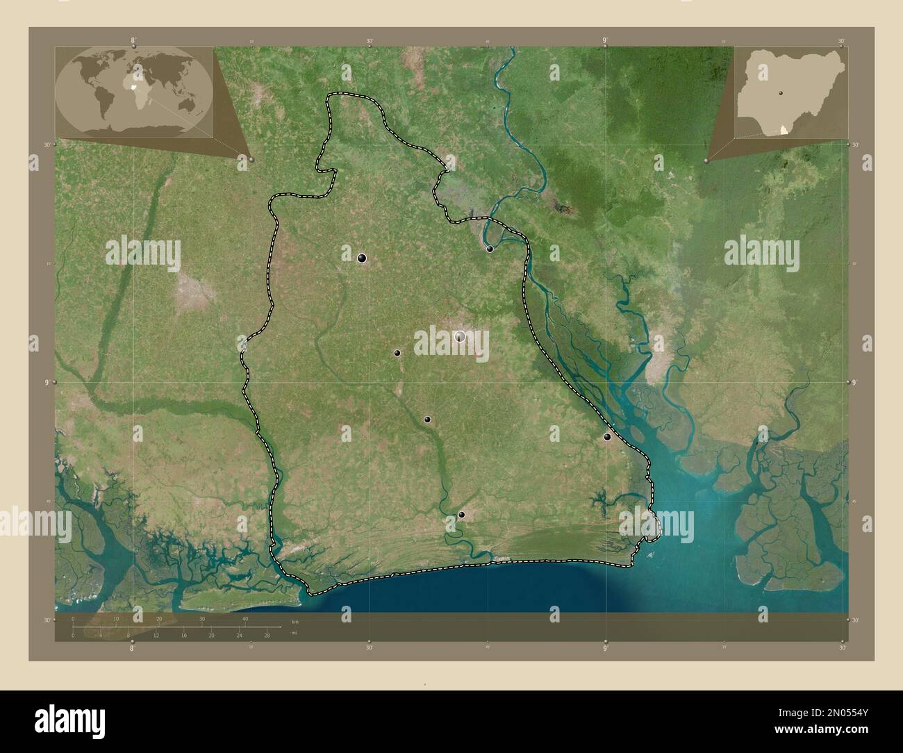 Akwa Ibom, state of Nigeria. High resolution satellite map. Locations ...