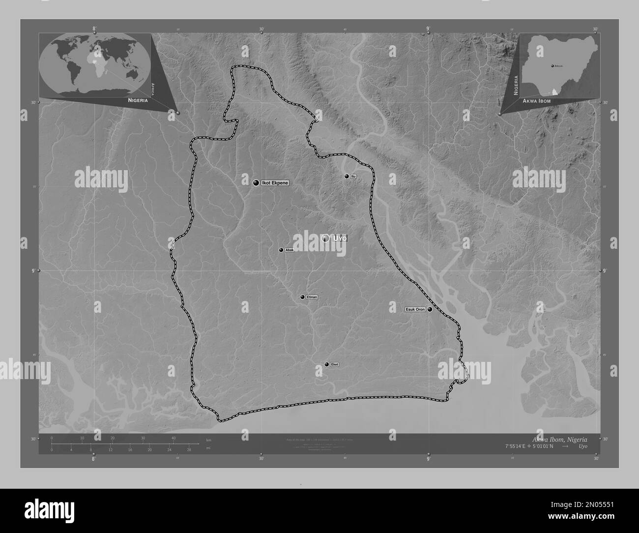 Akwa Ibom, state of Nigeria. Grayscale elevation map with lakes and ...