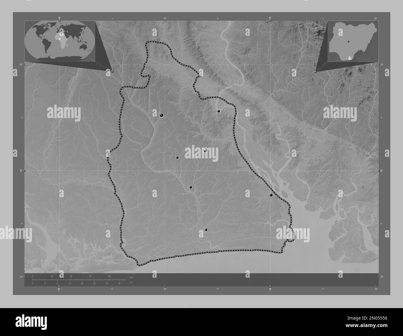 Akwa Ibom, state of Nigeria. Grayscale elevation map with lakes and ...