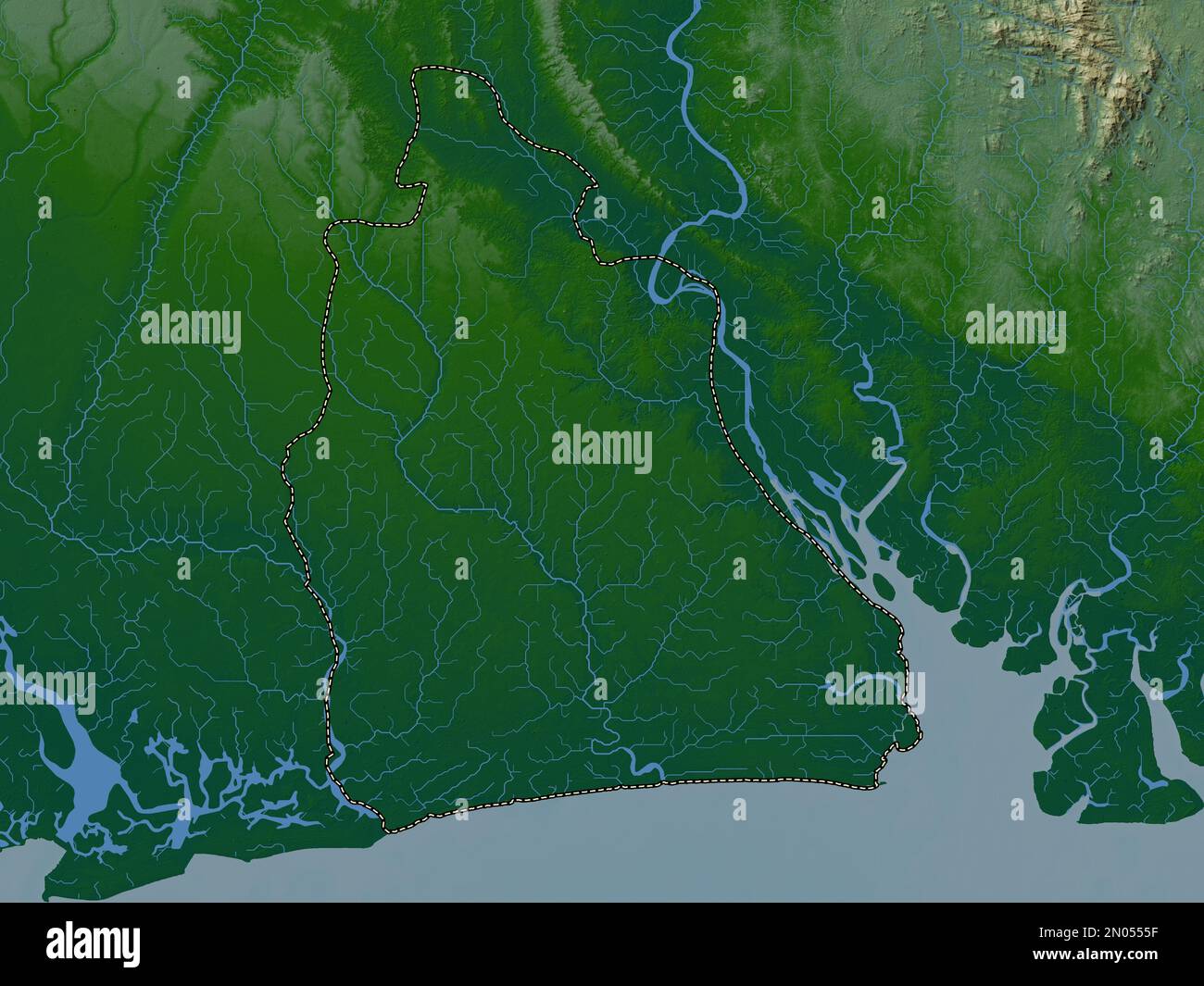Akwa Ibom, state of Nigeria. Colored elevation map with lakes and ...