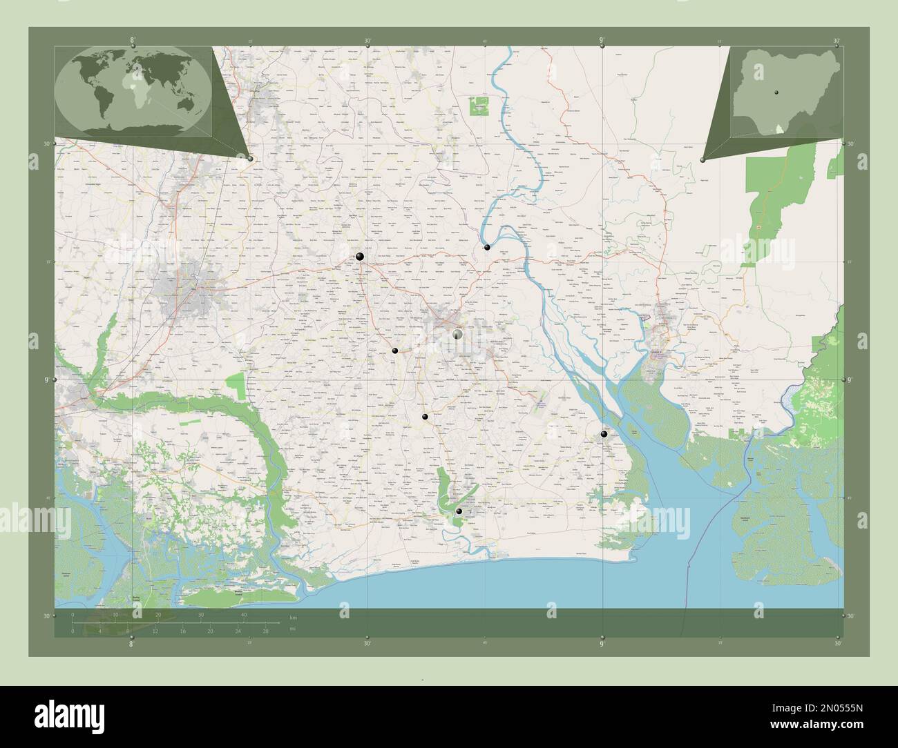 Akwa Ibom, state of Nigeria. Open Street Map. Locations of major cities ...