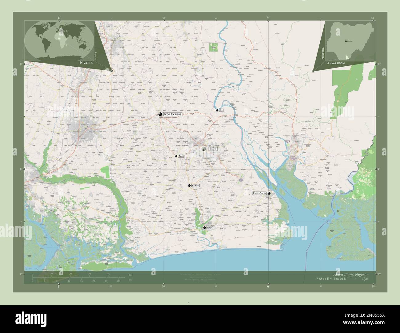 Akwa Ibom, state of Nigeria. Open Street Map. Locations and names of ...