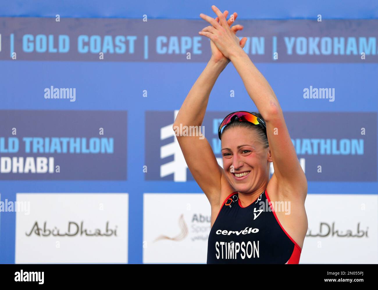 England's Jodie Stimpson celebrates after she receives the gold medal ...