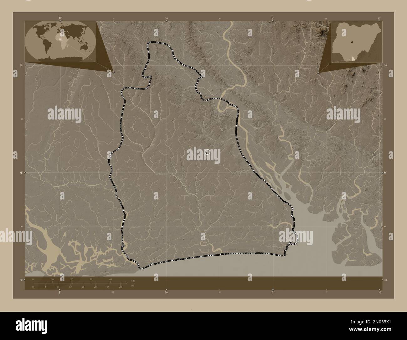 Akwa Ibom, state of Nigeria. Elevation map colored in sepia tones with ...