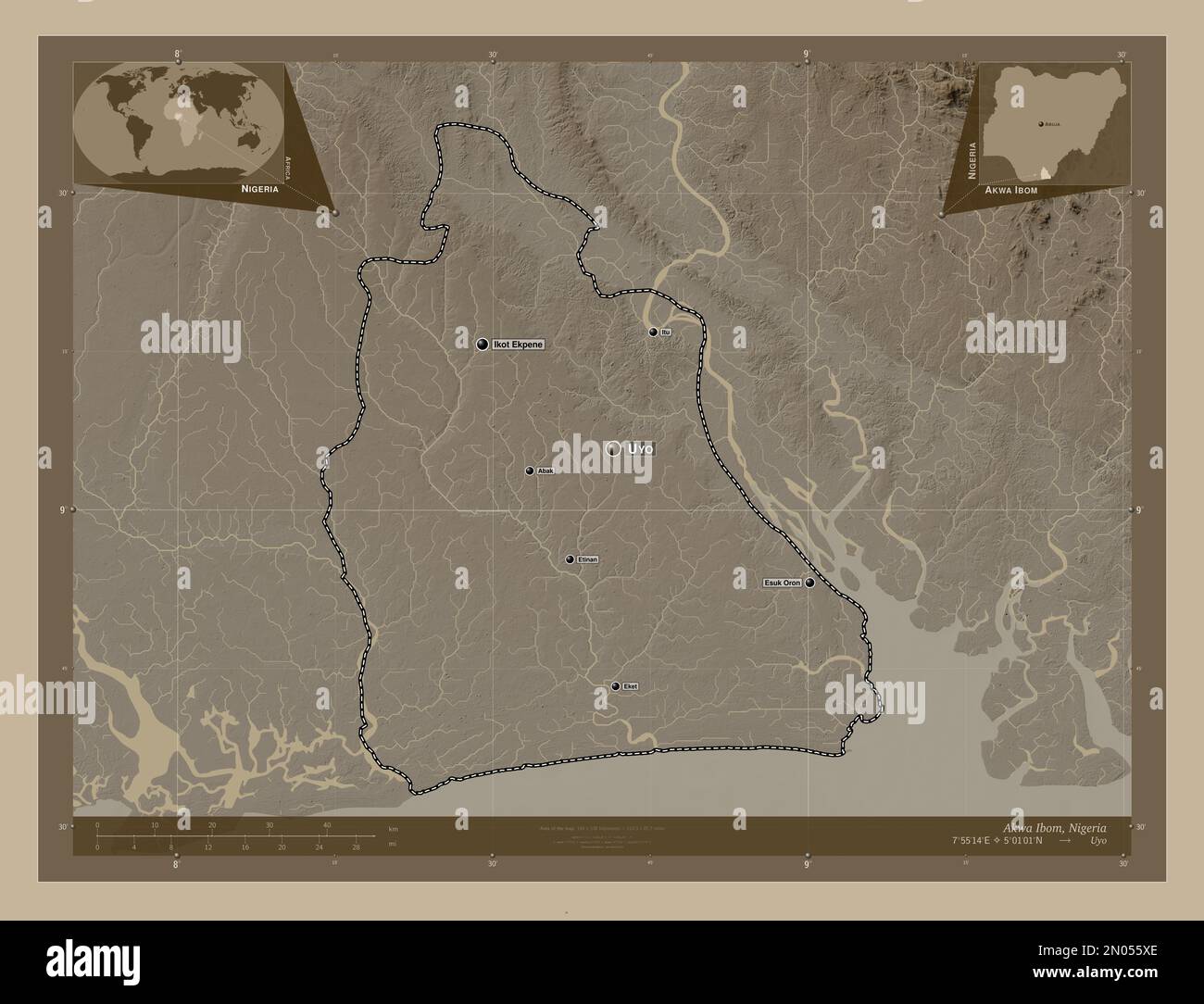 Akwa Ibom, state of Nigeria. Elevation map colored in sepia tones with ...
