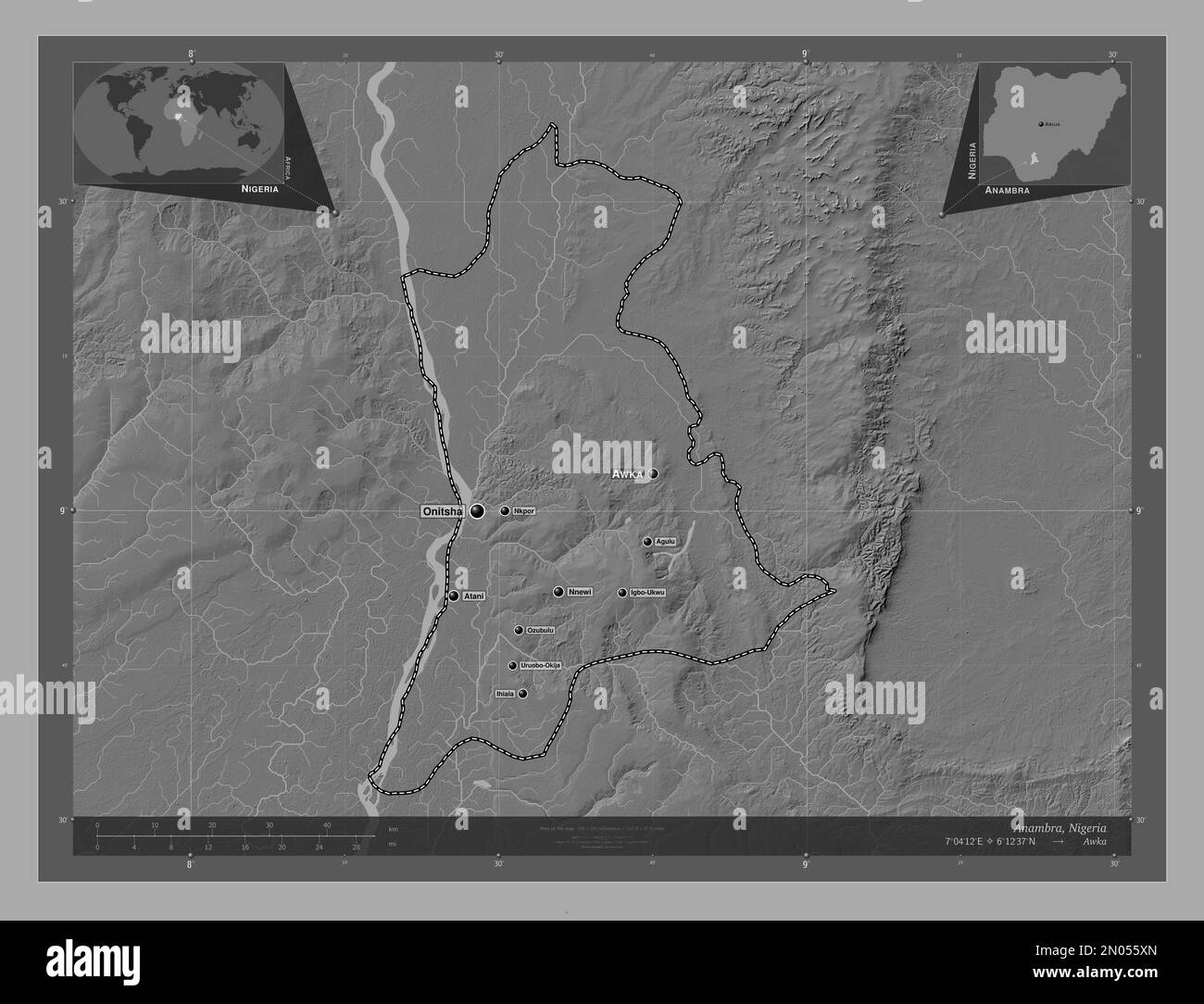 Anambra, state of Nigeria. Bilevel elevation map with lakes and rivers ...