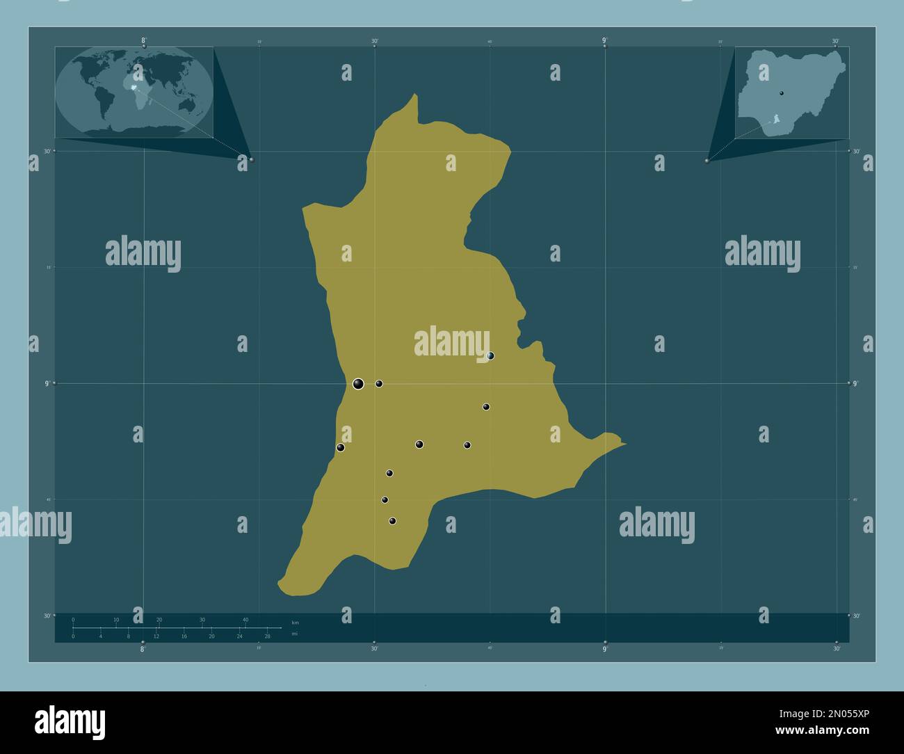 Anambra, state of Nigeria. Solid color shape. Locations of major cities ...
