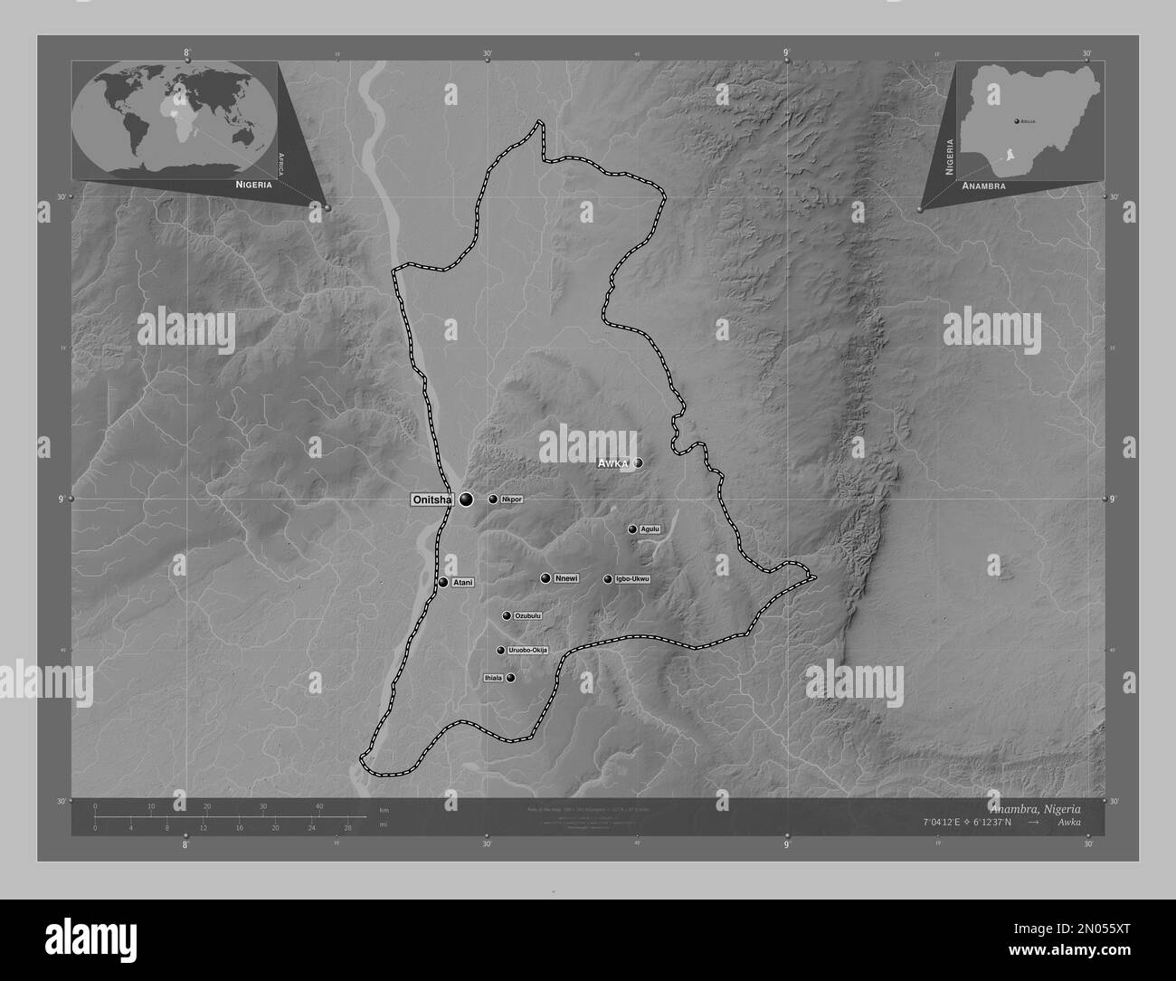 Anambra, state of Nigeria. Grayscale elevation map with lakes and ...