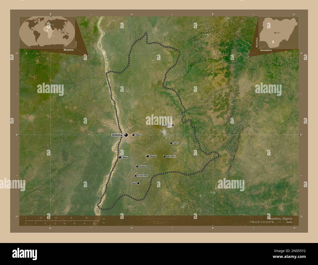 Anambra, state of Nigeria. Low resolution satellite map. Locations and ...