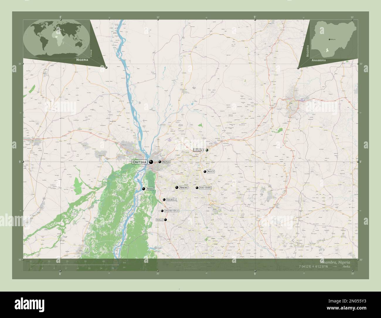 Anambra, state of Nigeria. Open Street Map. Locations and names of ...